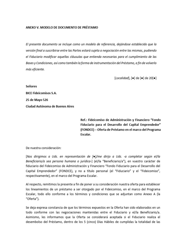 Anexo v. Modelo de Documento de Prestamo | PDF | Préstamos | Iniciativa empresarial