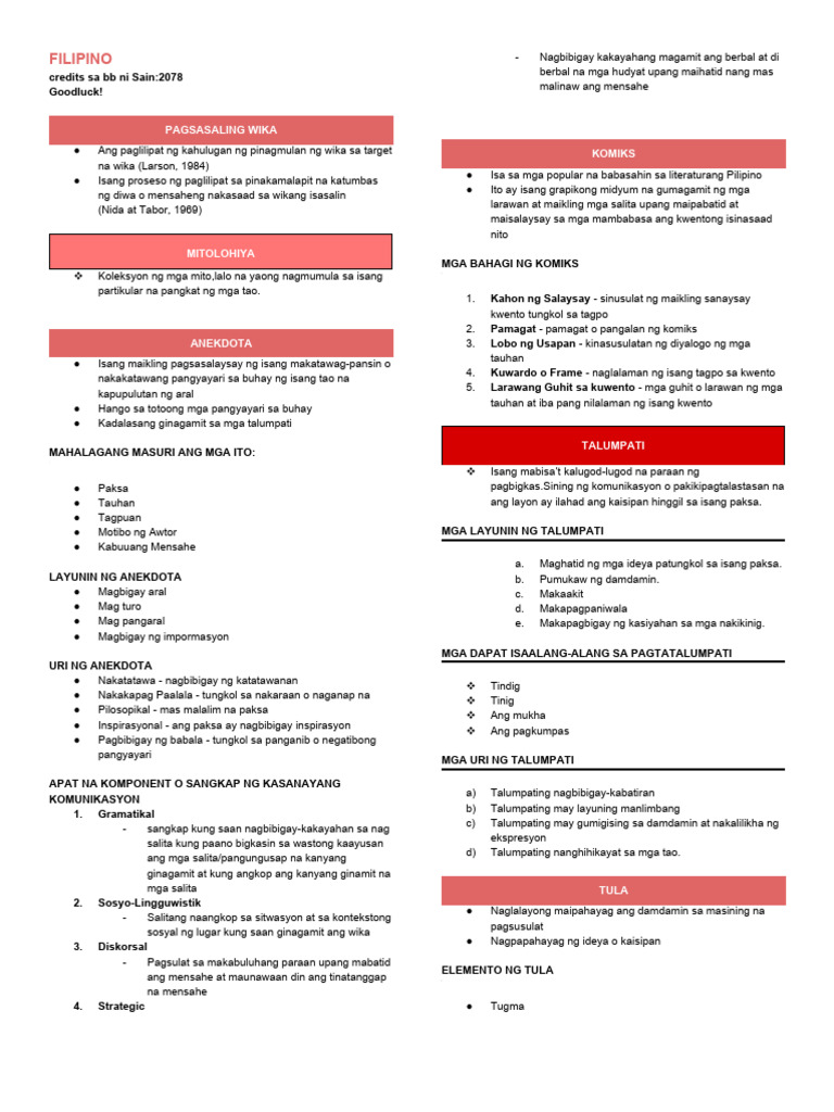FILIPINO REVIEWER 3rd Quarter | PDF