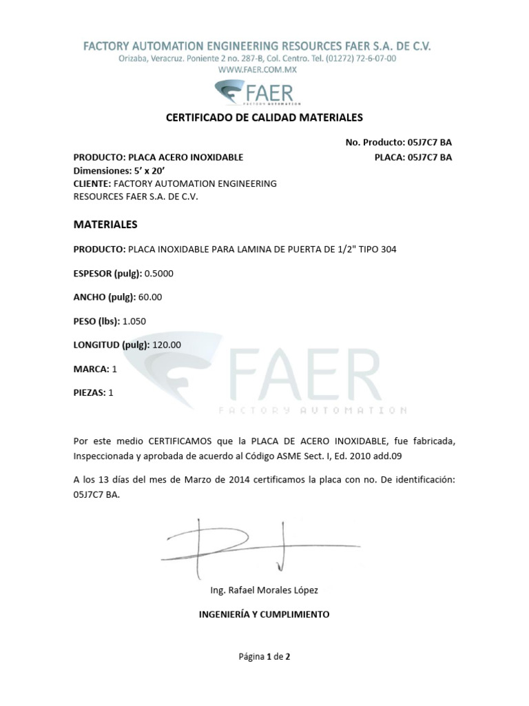 5 CERTIFICADO DE CALIDAD MATERIALES DE LAMINA DE PUERTA | PDF
