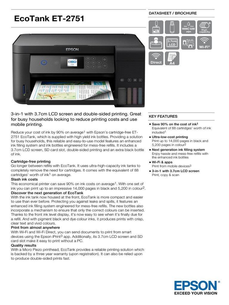 EcoTank ET 2751 Datasheet | PDF | Printer (Computing) | Computing