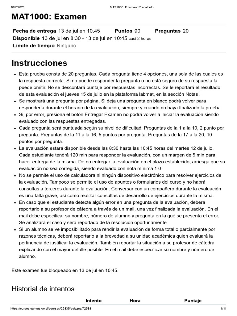 MAT1000 - Examen - Precalculo | PDF