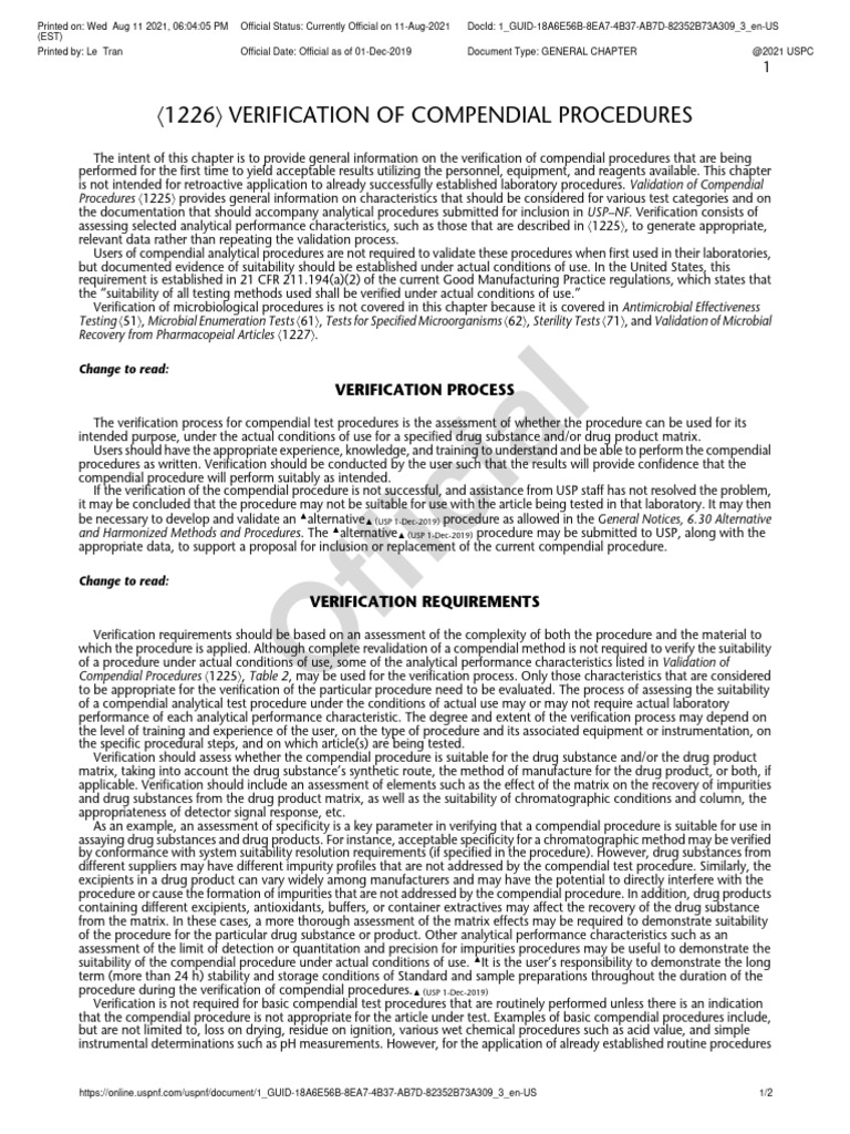 〈1226〉 VERIFICATION OF COMPENDIAL PROCEDURES | PDF | Verification And Validation