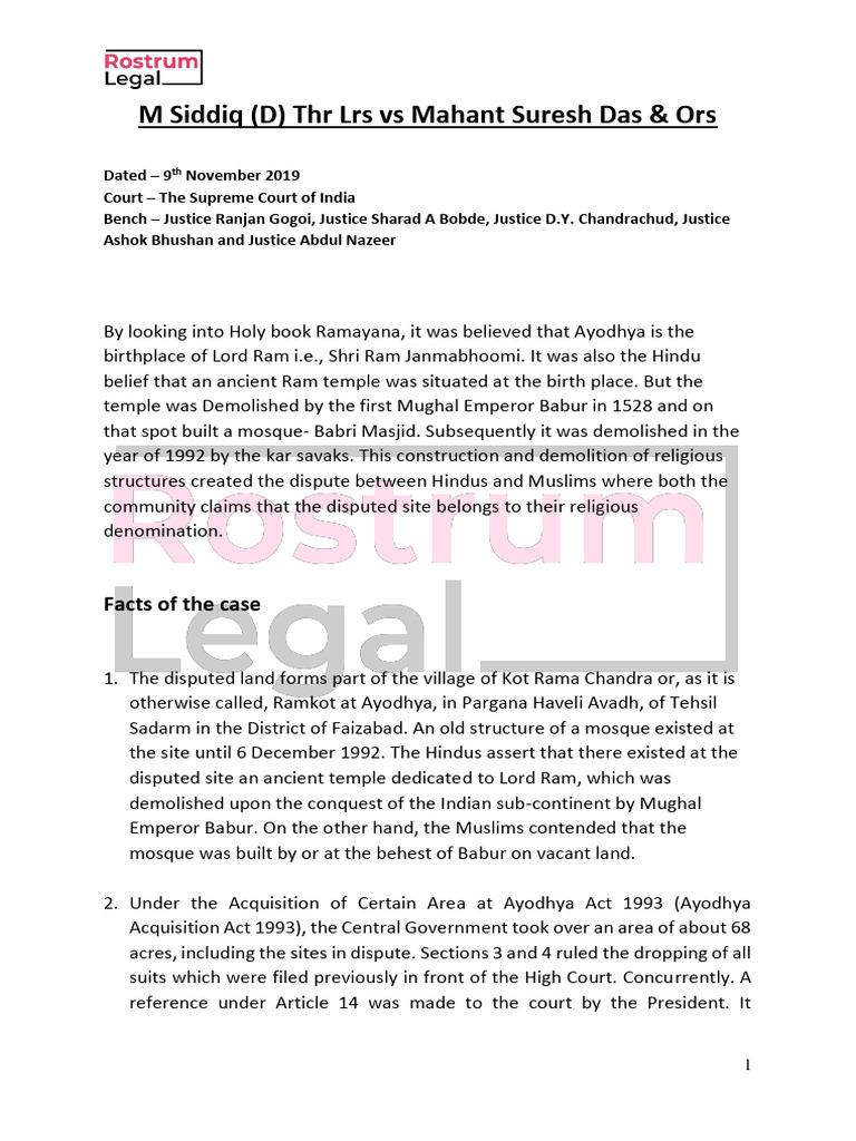 M Siddiq (D) THR Lrs Vs Mahant Suresh Das & Ors: Facts of The Case | PDF