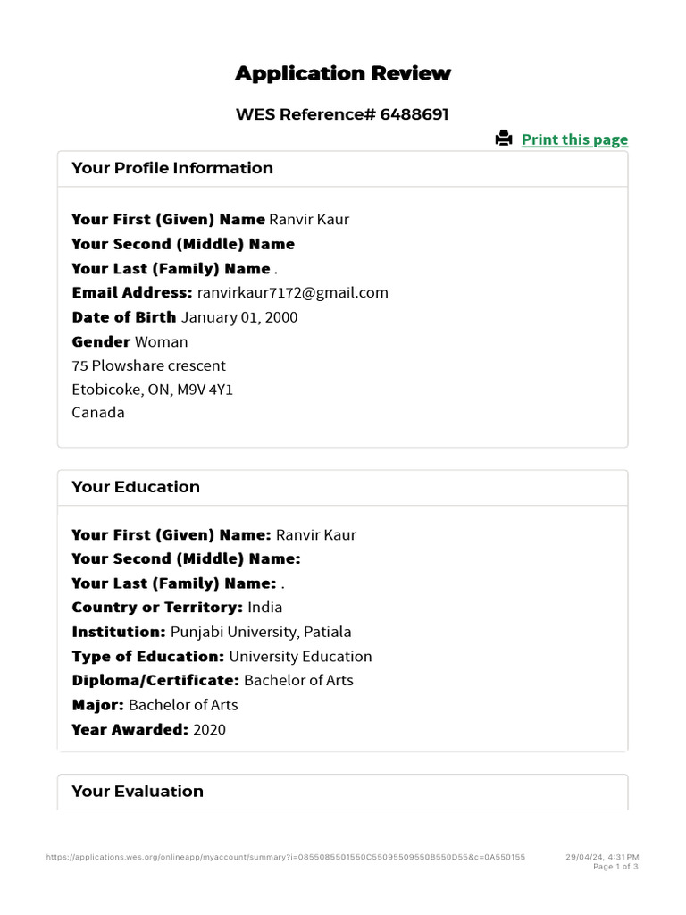 WES Application Review for Ranvir Kaur | PDF | United States Postal ...