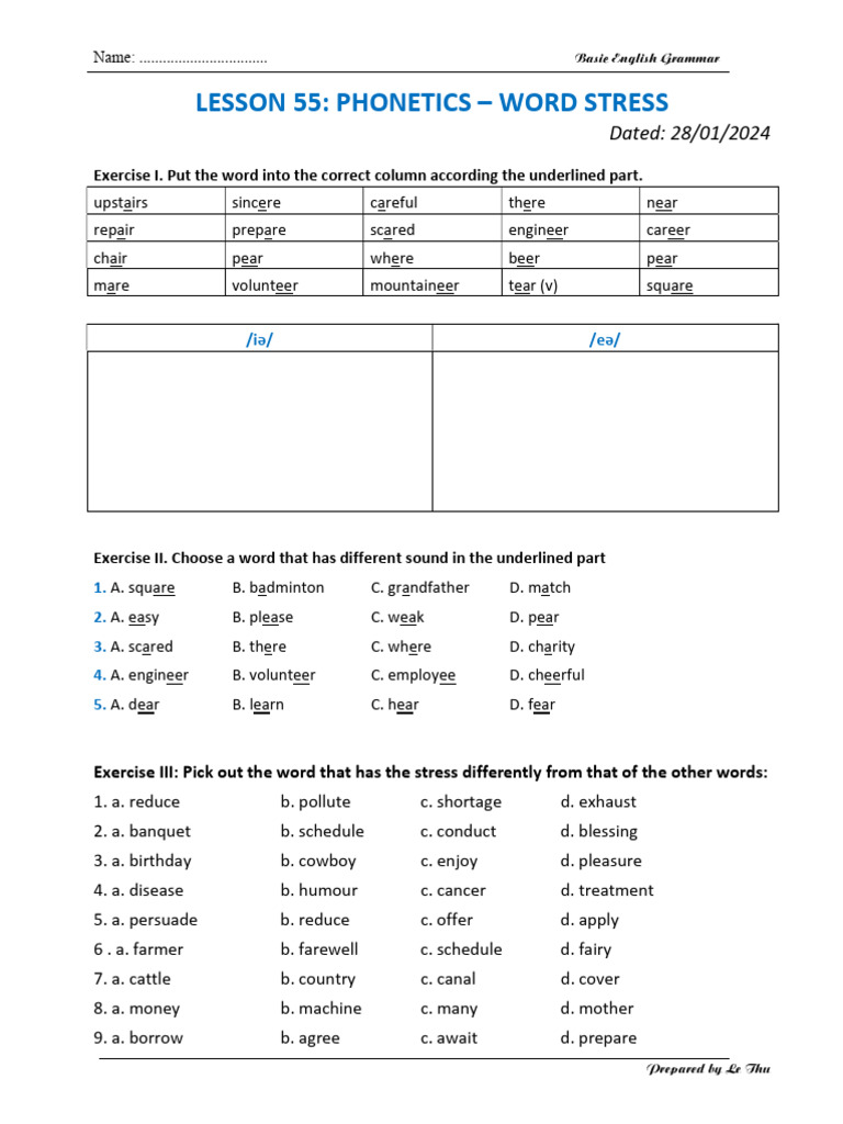 Lesson55 Word Stress(P1) 28012024 Exercises | PDF