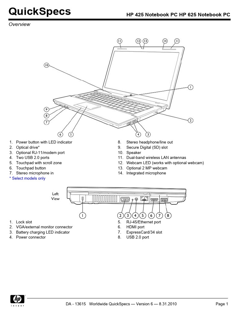 HP 425 Notebook PC HP 625 Notebook PC | PDF | Laptop | Wi Fi