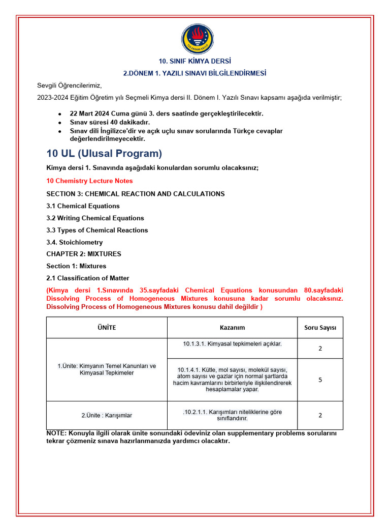 10.sinif Kimya 2.donem 1.sinav Konu Kapsami | PDF