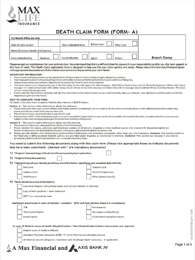 Death Claim Application Form A English | PDF