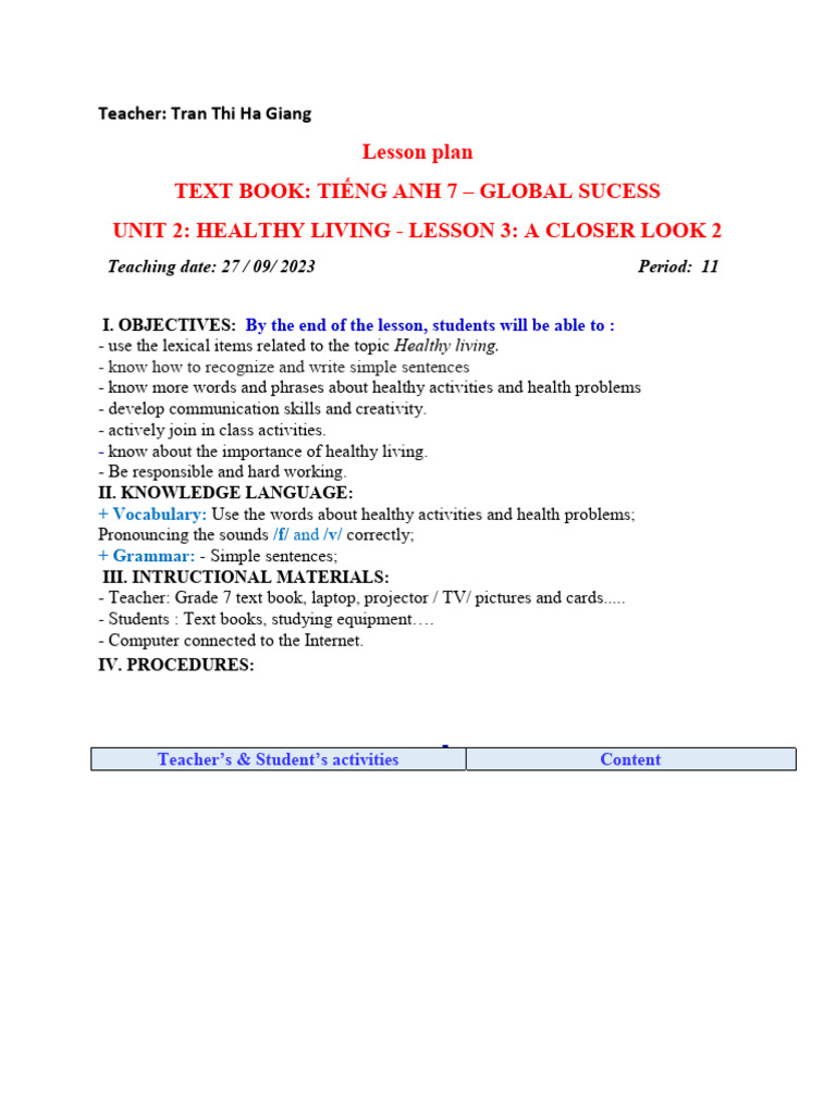 Lesson plan Text Book: Tiếng Anh 7 - Global Sucess Unit 2: Healthy ...