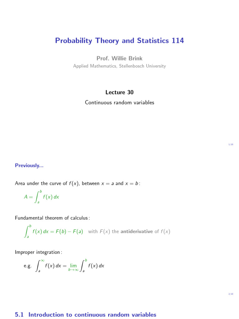 Eng Lecture 30 - Continuous Random Variables | PDF | Probability Distribution | Random Variable
