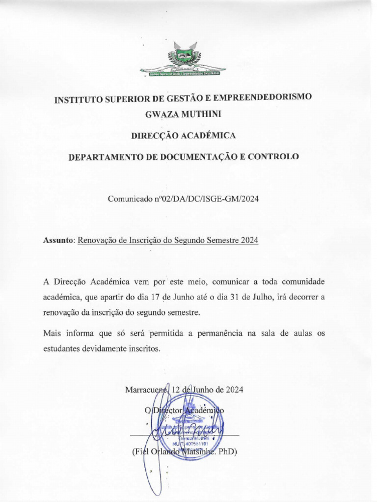 Comunicado Sobre As Inscricoes Do Segundo Semetre Autorizado PDF | PDF