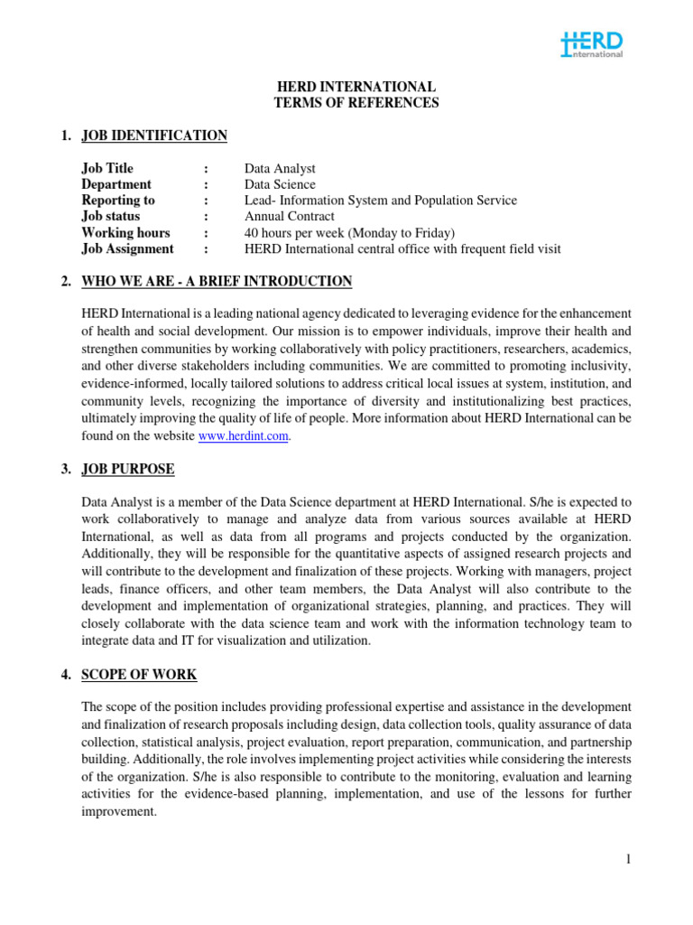 Data Analyst ToR | PDF | Data Analysis | Performance Appraisal