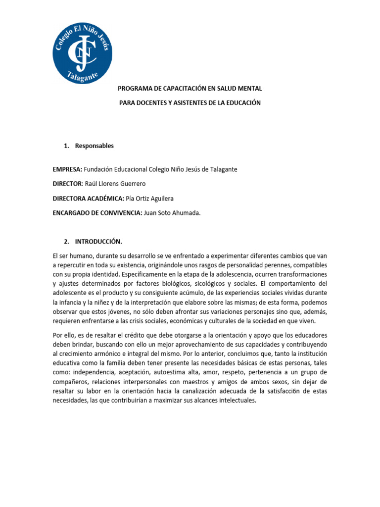 Programa de Capacitación Salud Mental. | PDF | Salud mental | Aprendizaje