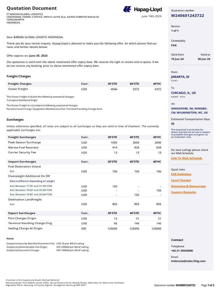 Quotation W240601243722 IDJKT USCHI | PDF | Cargo | Fee