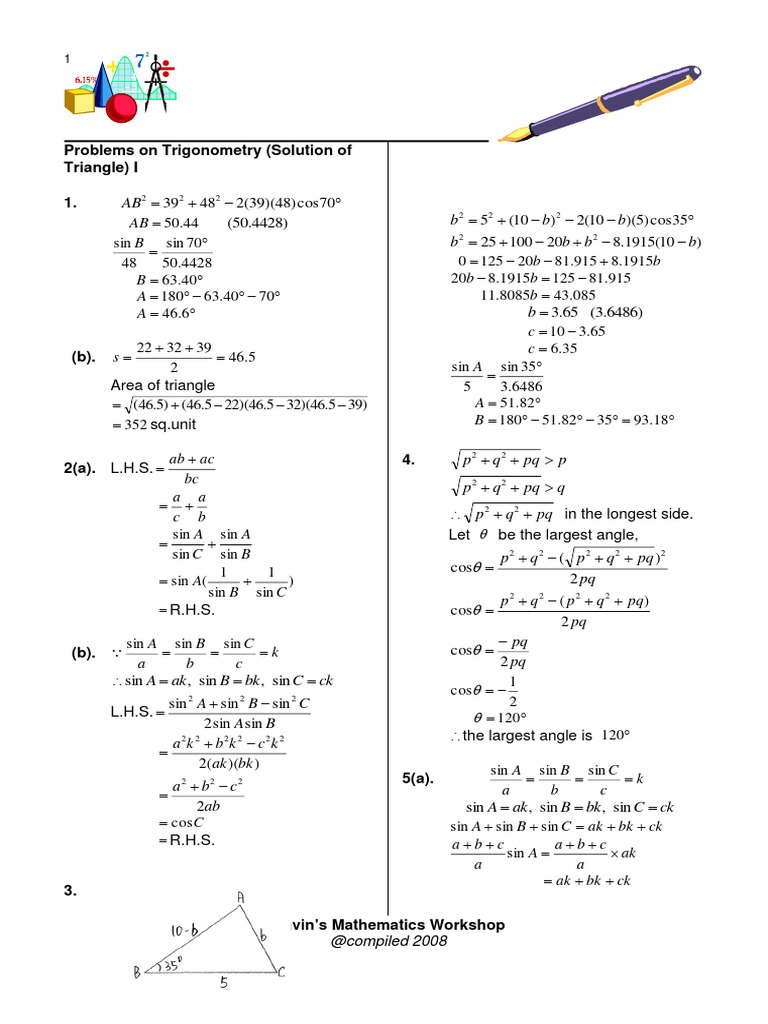Problems On Trigonometry (Solution of Triangle) I (Core) Sol | Download ...