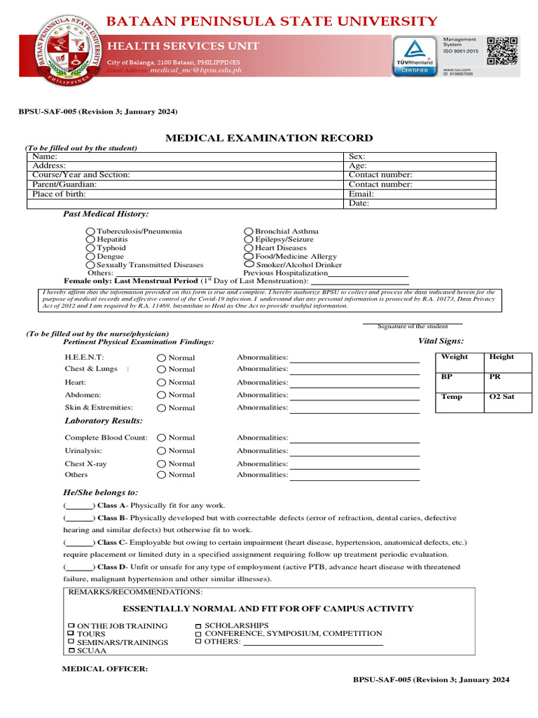 BPSU Medical Examination Record Form | PDF | Physical Examination | Heart