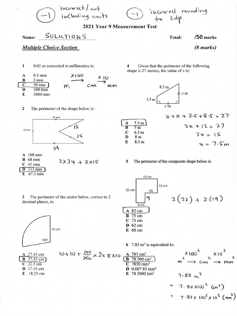 02 - 2021 Year 9 Measurement Test (Solutions) | PDF