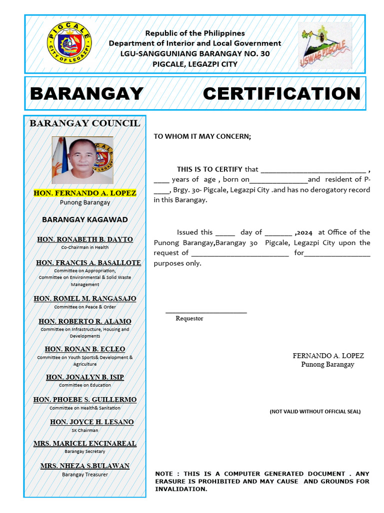 Brgy Cert Residency 1 | PDF | Waste | Waste Management