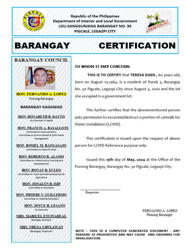 Brgy Cert LCWD 2024 | PDF