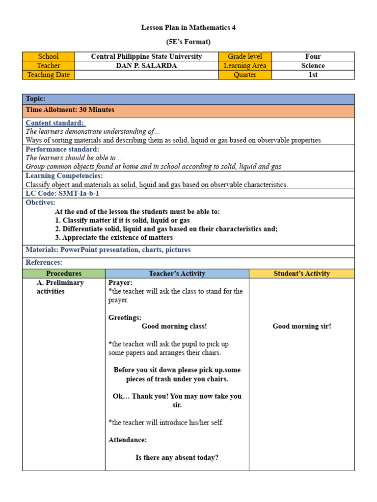 Lesson Plan in Science 4 | PDF | Lesson Plan | Teachers