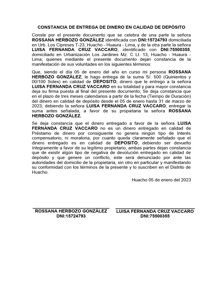 Constancia de Entrega de Dinero en Calidad de Depósito | PDF