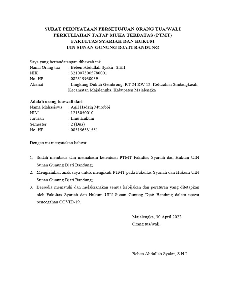 Surat Pernyataan Persetujuan PTMT | PDF