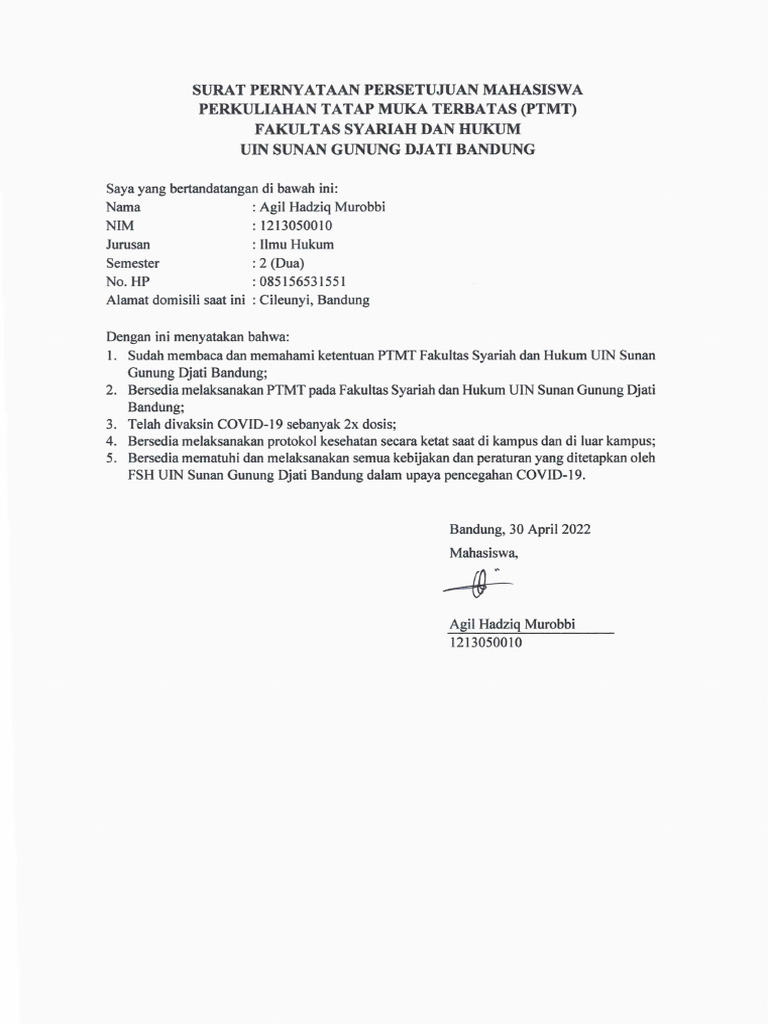 SURAT PERSETUJUAN MAHASISWA PTMT FSH | PDF