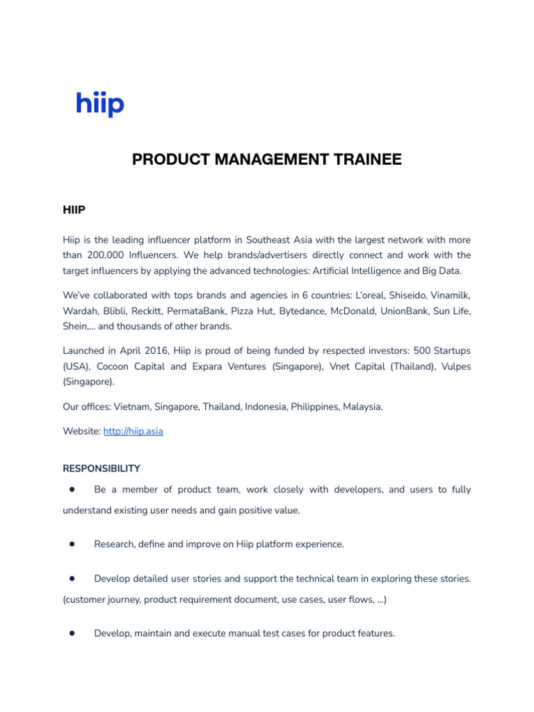 Hiip Asia - Product Management Trainee JD | PDF | Business | Economies