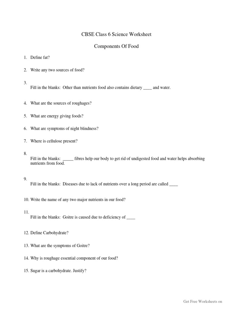 Class 6 Worksheet: Components of Food | PDF | Foods | Nutrients