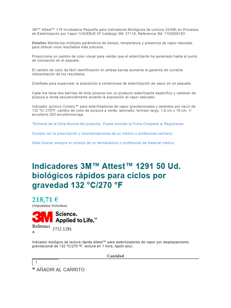 Indicadores 3M™ Attest™ 1291 50 Ud. Biológicos Rápidos para Ciclos Por ...