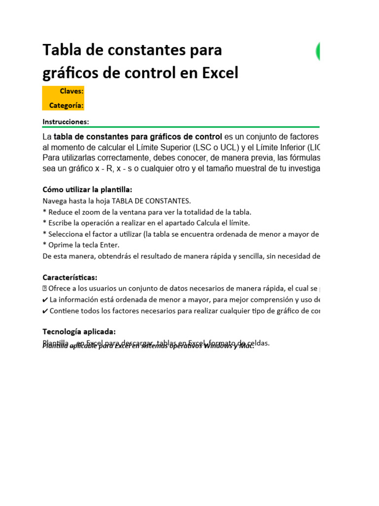 Tabla de Constantes para Gráficos de Control | PDF | Microsoft Excel ... Tabla de Constantes para Gráficos de Control | PDF | Microsoft Excel ...