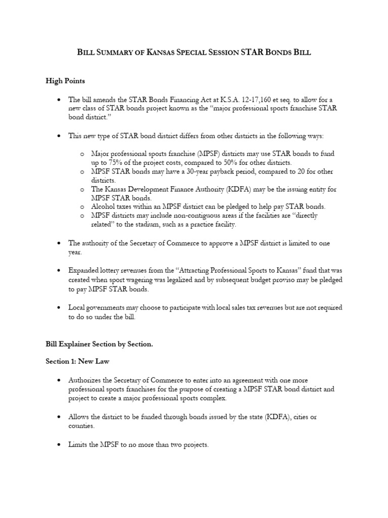 STAR Bonds Bill Summary | PDF | Bonds (Finance) | Taxes