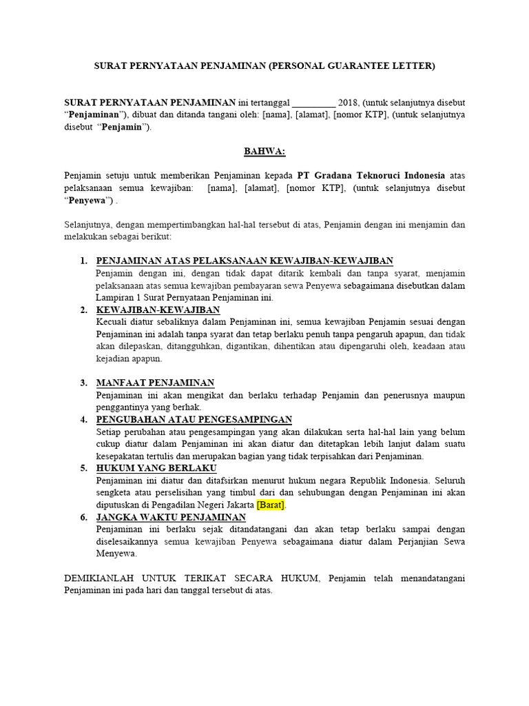 TEMPLATE_SURAT+PERNYATAAN+PENJAMINAN_PERSONAL+GUARANTEE | PDF