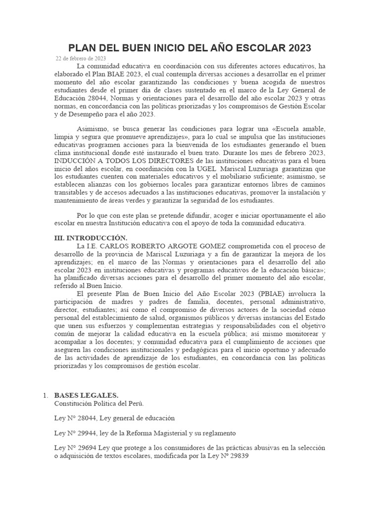 MODELO DE PLAN DEL BUEN INICIO DEL AÑO ESCOLAR 2023 | PDF | Escuelas ...