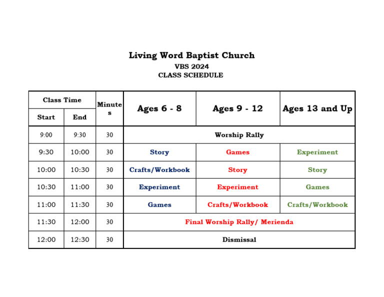 VBS 2024 Class Schedule | PDF