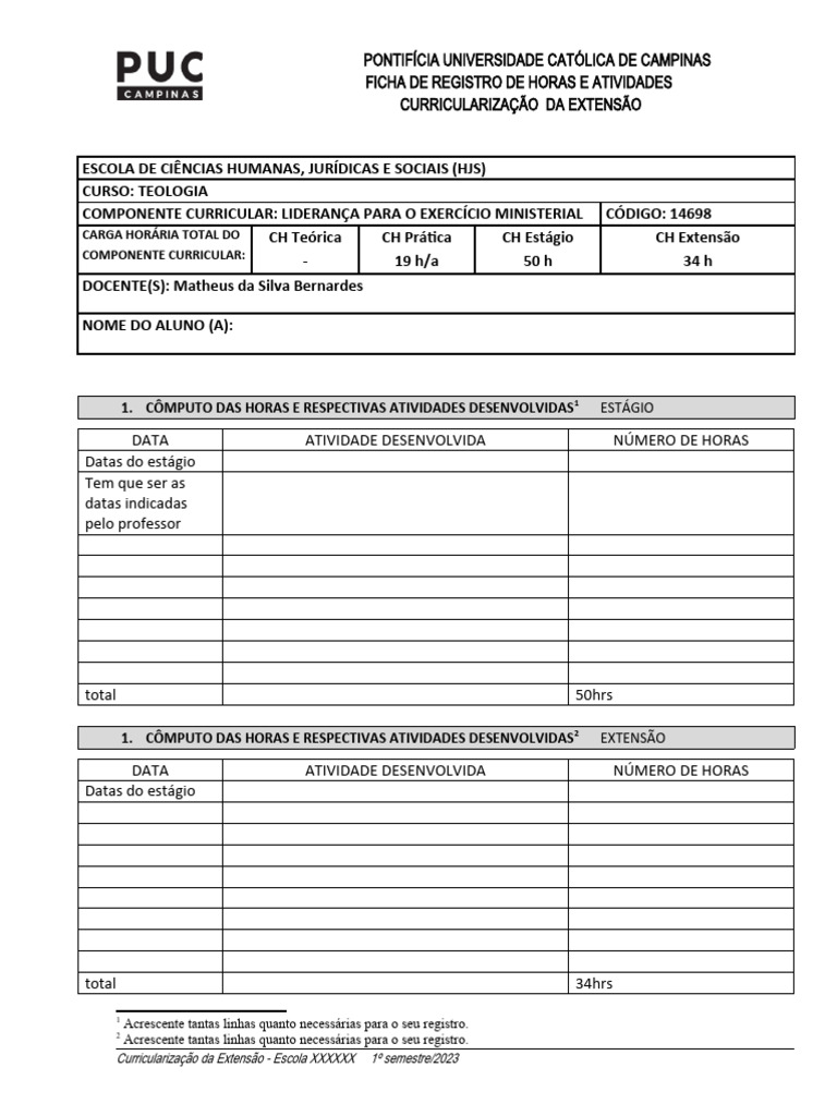 Modelo - Ficha de Horas | PDF