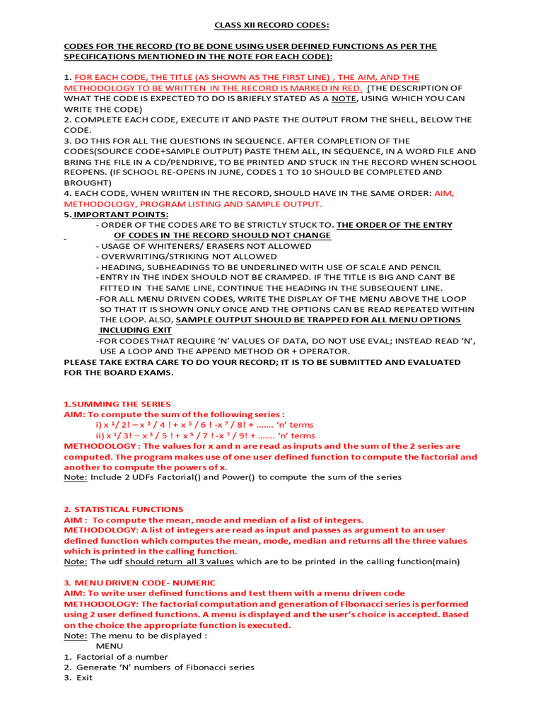 CLASS XII RECORD CODES-FOR STUDENTS 2024-25 | Download Free PDF | Body ...