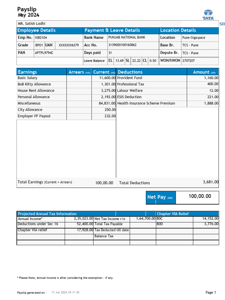 Payslip Summary with ESIS Deduction | PDF | Taxes | Paycheck