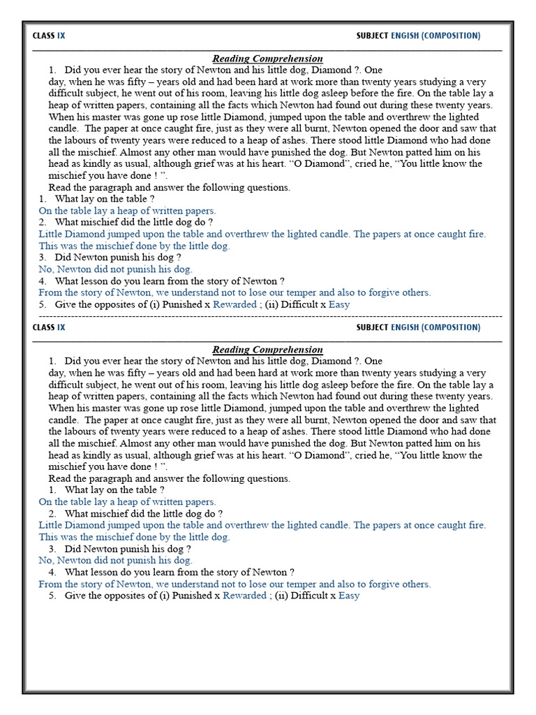 Class Ix 2024-25 - English (Composition) - Reading Comprehension (Print ...