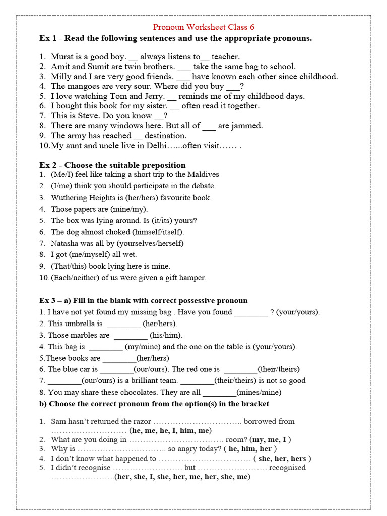 Pronoun Worksheet Class 6 (Questions) | PDF | Language Arts & Discipline