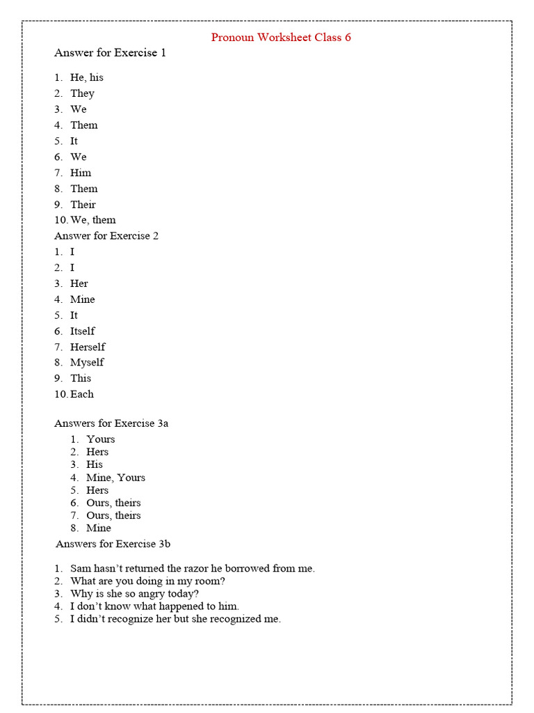 Class 6 Pronoun Worksheet with Answers | PDF