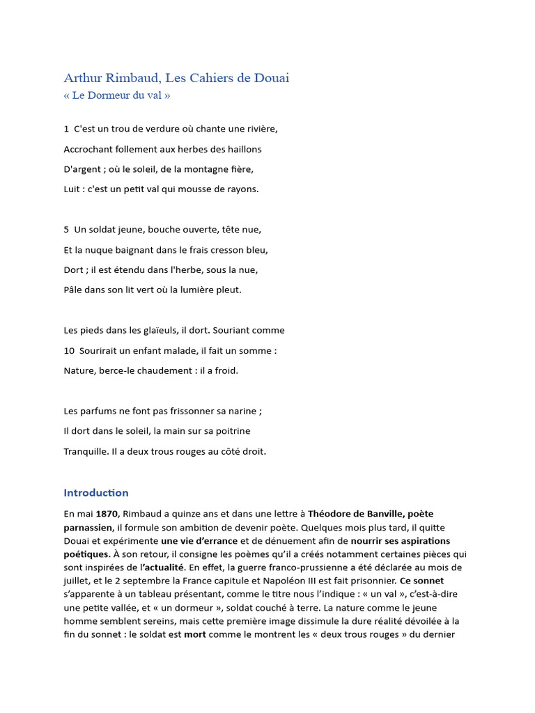 Analyse linéaire du Dormeur du val | PDF | Sonnets | Poésie