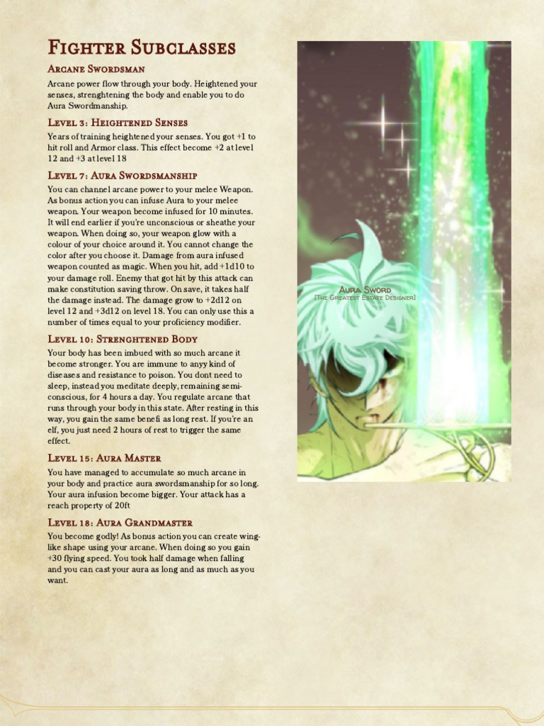Fighter - Subclasses - Arcane Swordsman - The - Homebrewery | PDF