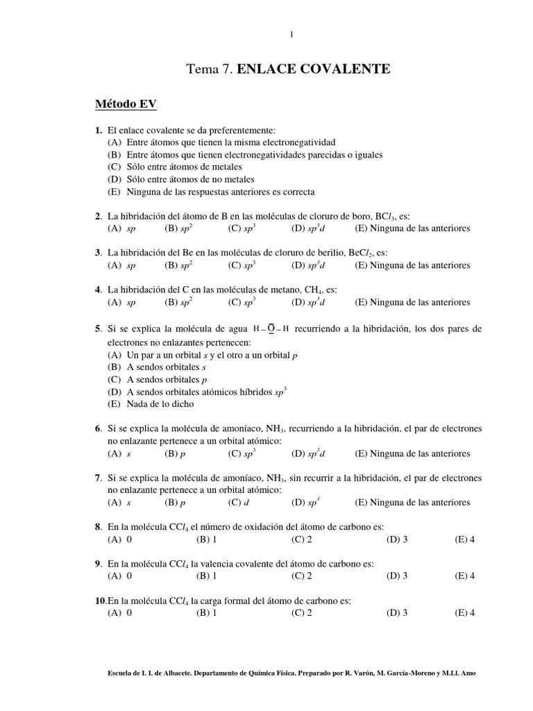 Enlace Covalente (Problemas) | PDF | Enlace químico | Enlace covalente