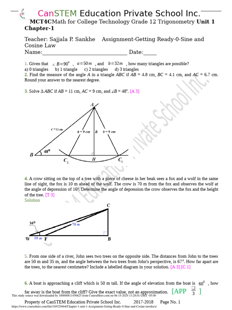 Chapter 1 Unit 1 Assignment Geting Ready 0 Sine and Cosine Law | PDF ...