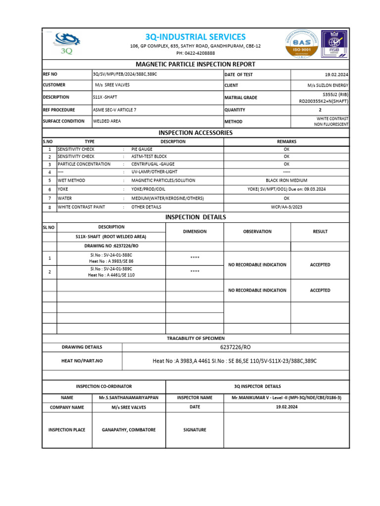 3Q-Industrial Services: Magnetic Particle Inspection Report | PDF ...