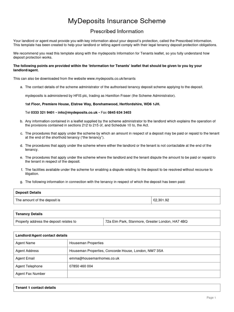 MyDeposits Prescribed Information Template | PDF | Leasehold Estate ...