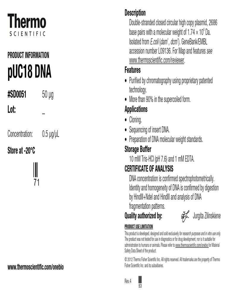 pUC18 DNA: #SD0051 Lot | PDF | Dna | Molecular Cloning