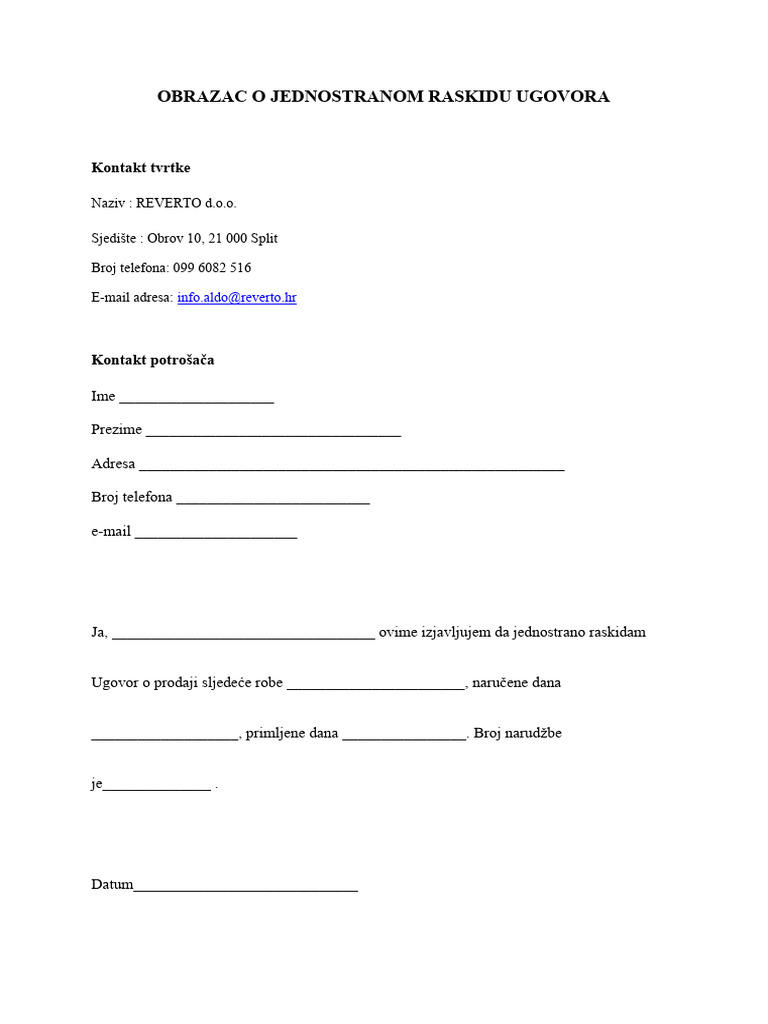 Obrazac Za Raskid Ugovora | PDF