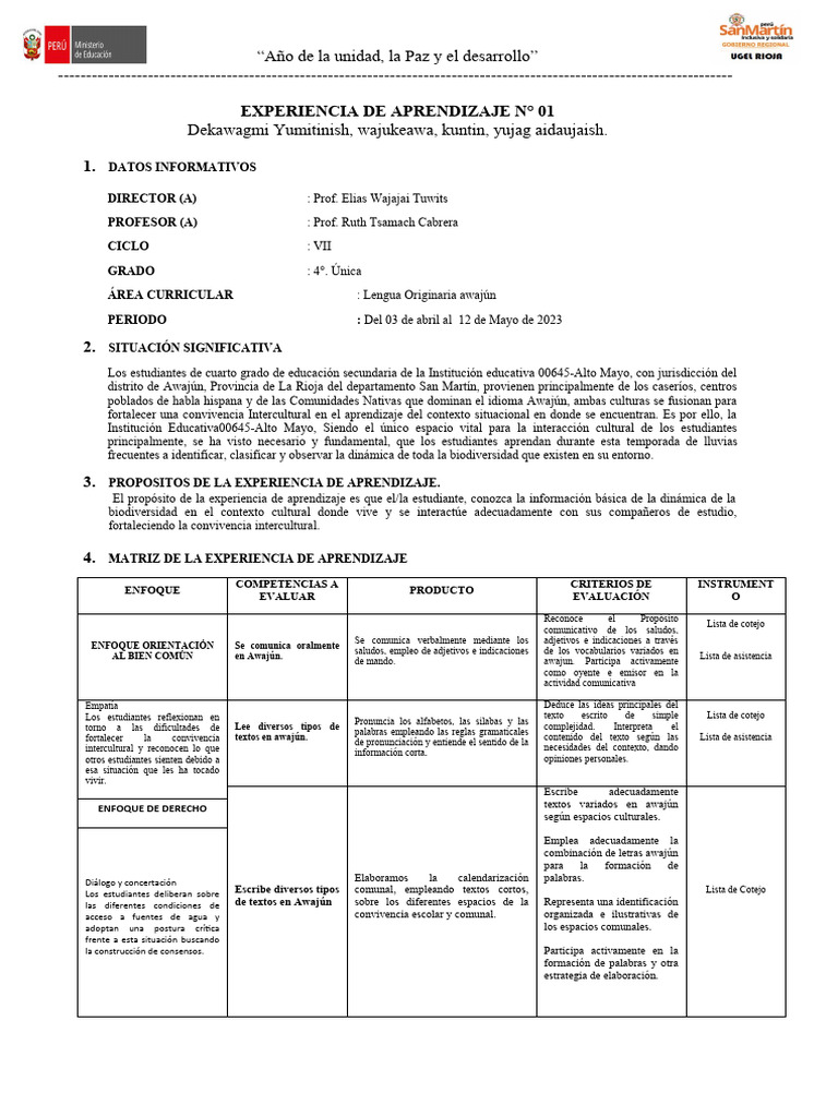 Eda #1 - 4° Grado-Awajun | PDF | Aprendizaje | Maestros